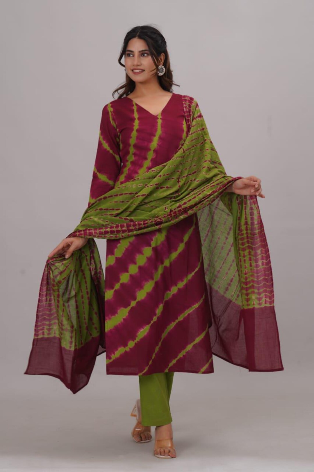 Plus Size Hand Block Printed Kurta Pant Dupatta Set: Maroon Cotton ...