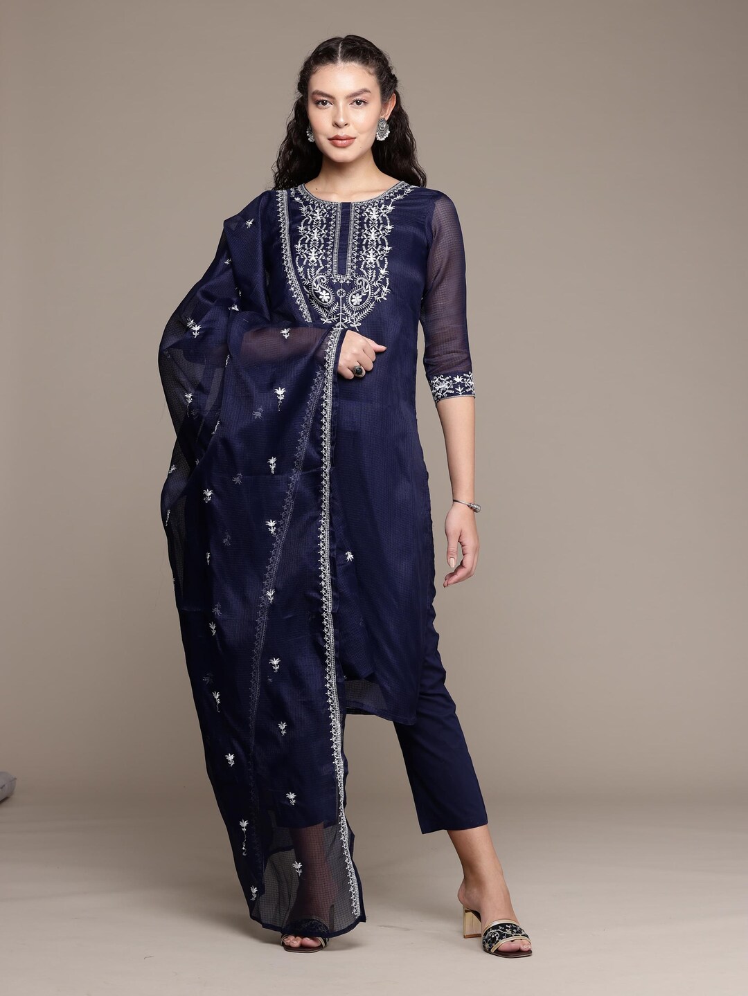 Designer Kota Doriya Embroidered Kurta With Pant and Dupatta Set ...