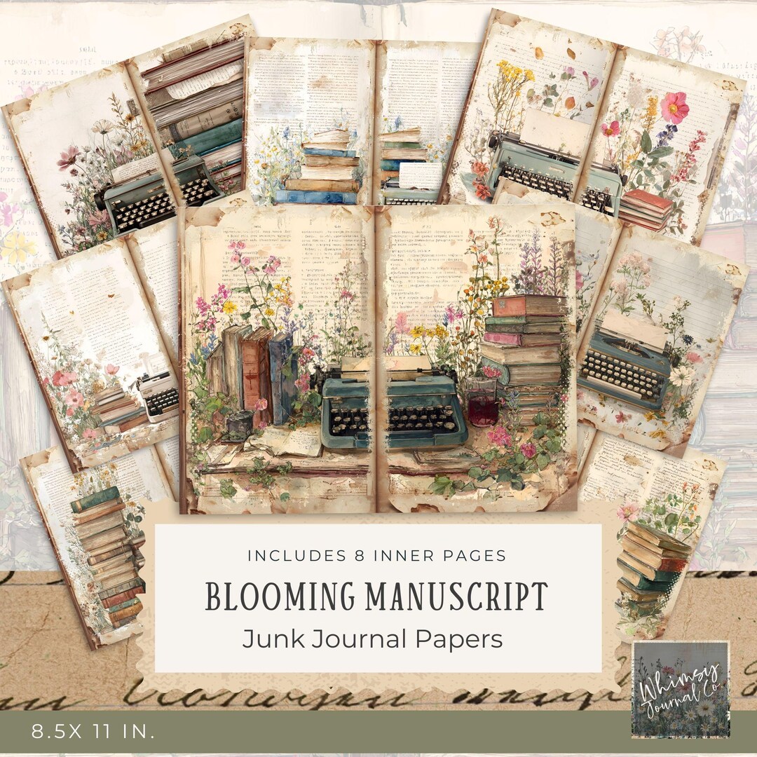 Blooming Manuscript Junk Journal Pages, Wildflowers and Books Digital ...