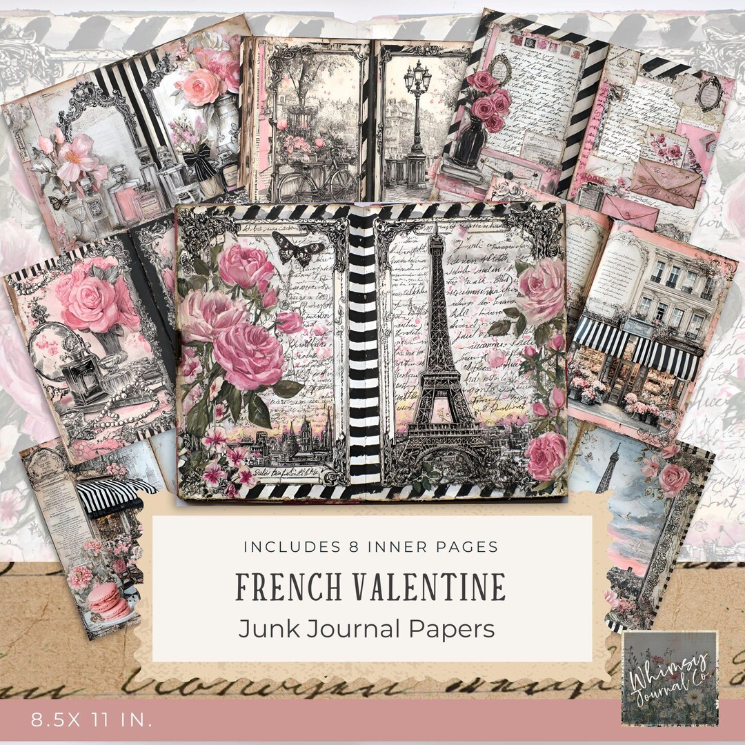 French Valentine Junk Journal Pages, Black and Pink Paris Theme Digital ...