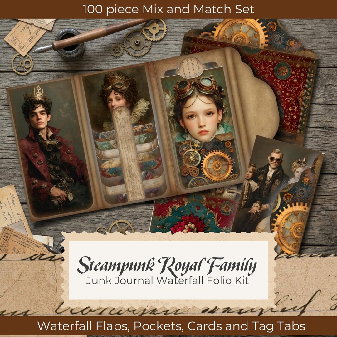 Steampunk Royal Family Junk Journal Folio Kit, Waterfall Folio, Junk ...