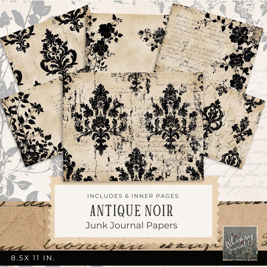 Antique Noir Junk Journal Papers, Sepia Print Journal Pages, Damask ...