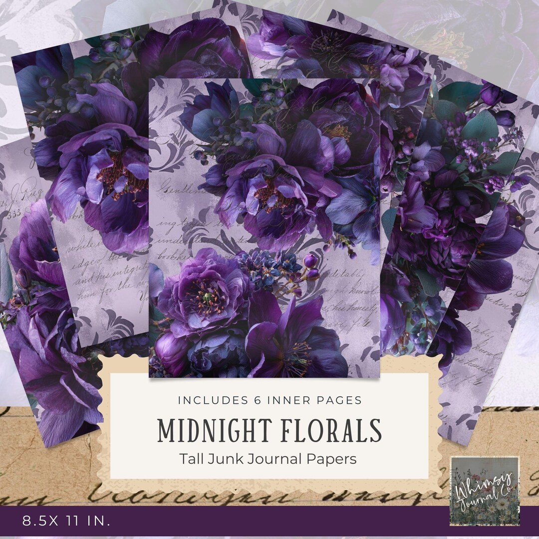 Midnight Florals Junk Journal Papers | Purple Dark Floral Printable ...