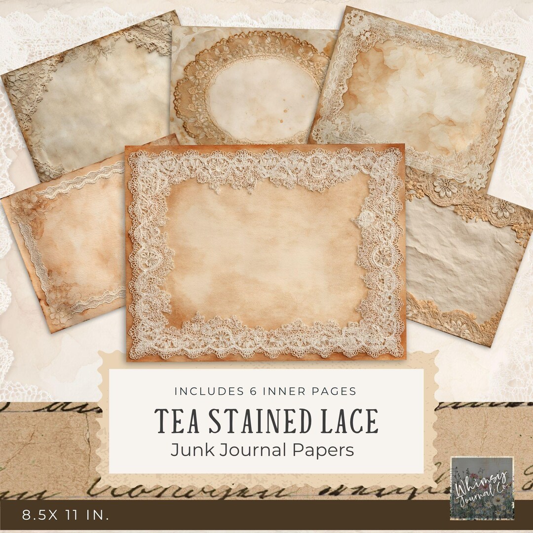 Tea Stained Lace Junk Journal Pages, Digital Paper, Vintage Filler ...