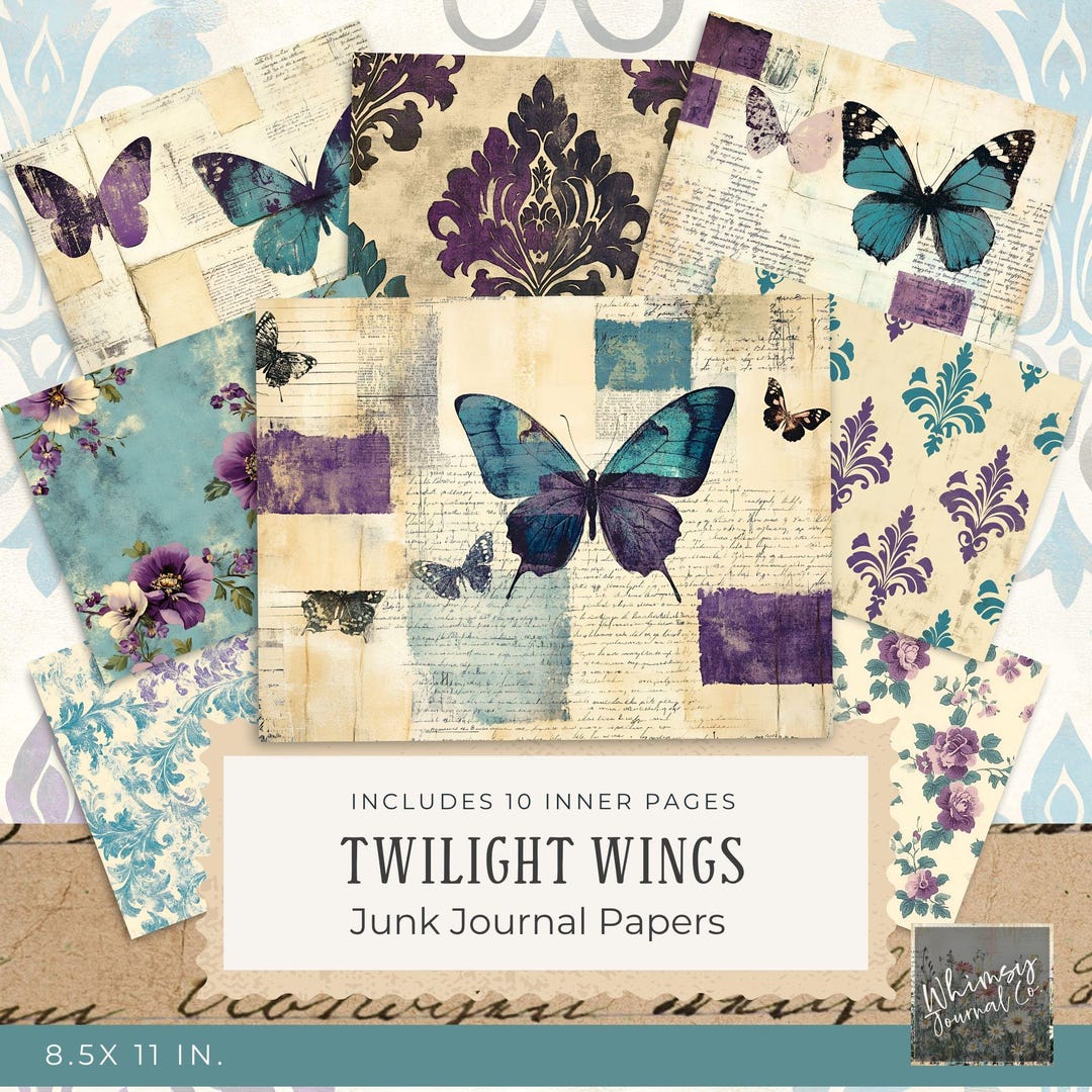 Twilight Wings Junk Journal Paper Pack | Vintage Teal & Purple ...
