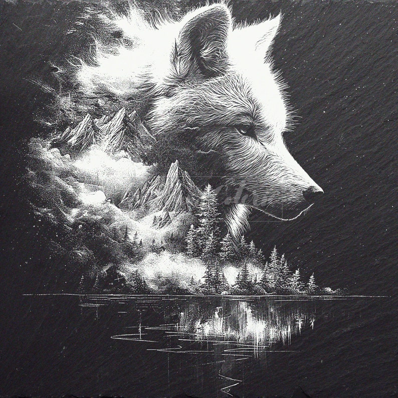 Wolf and Mountains Png File for Slate Laser Engraving, Glowforge File ...
