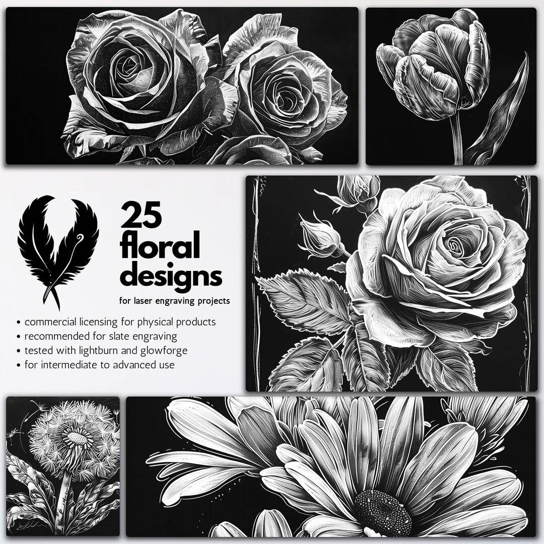 Flower Png Bundle for Slate Laser Engraving, Glowforge Rose Files ...