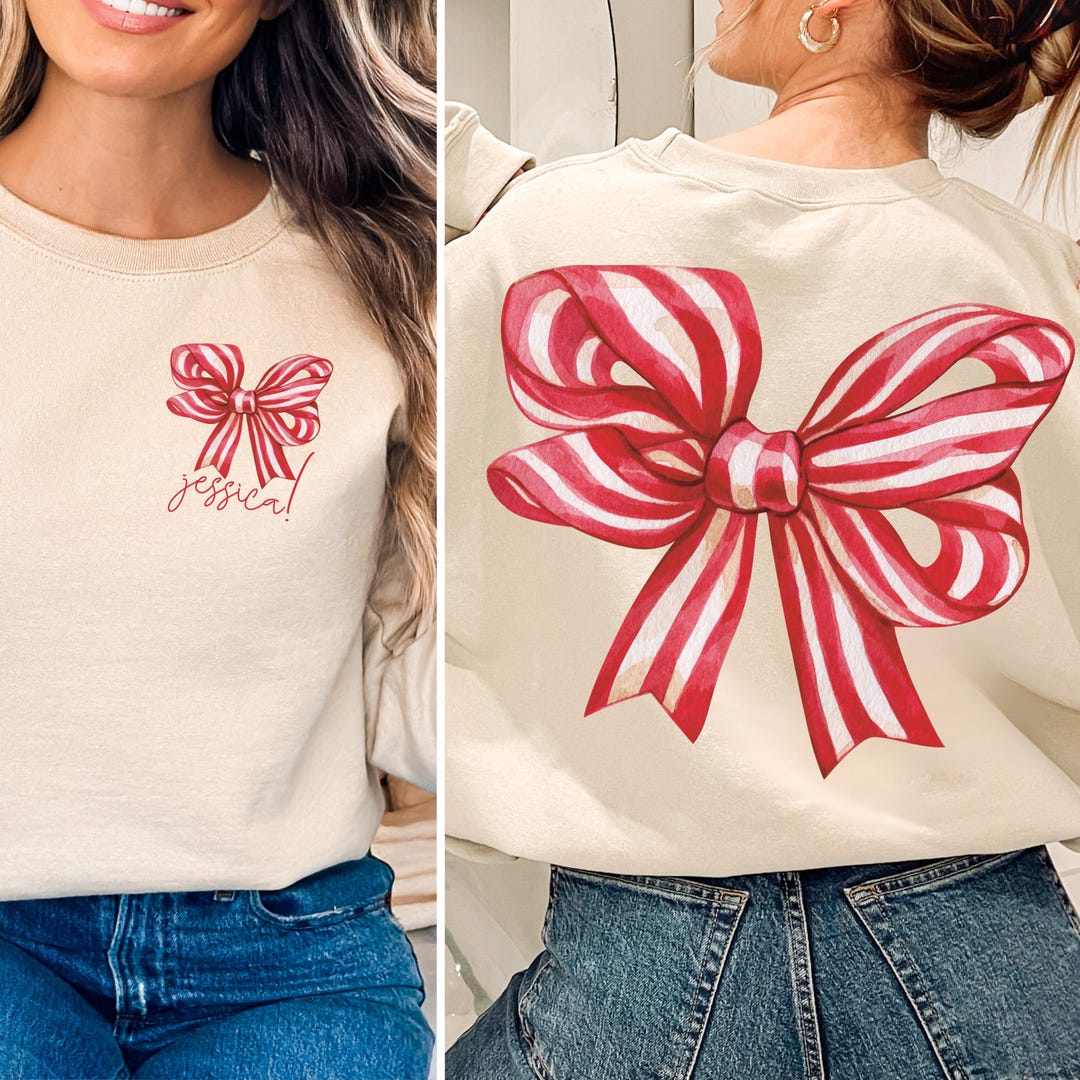 Personalized Candy Cane Bow Christmas Sweatshirt - Custom Name Holiday ...