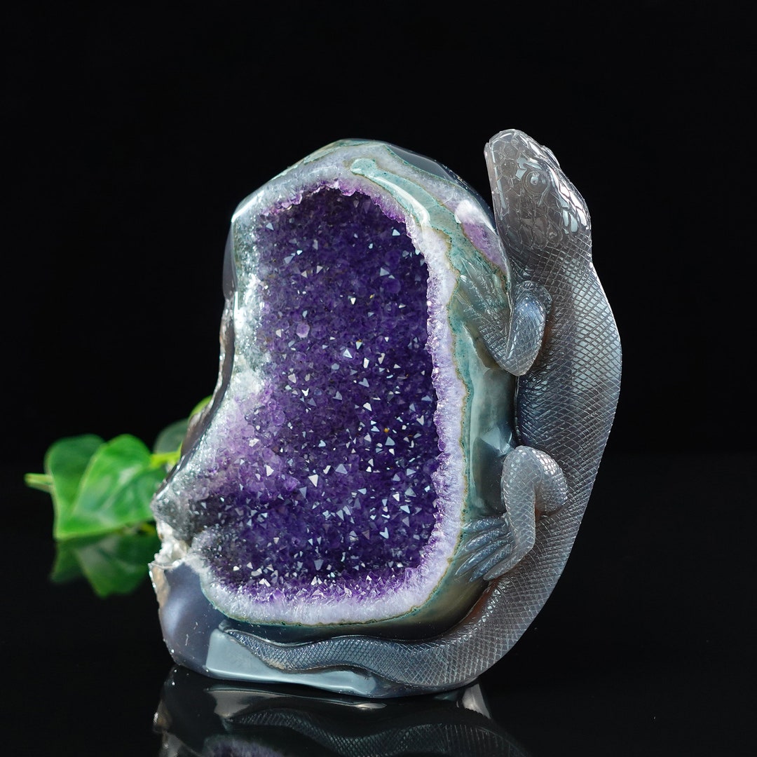 6'' Lizard Natural Crystal Hand Carved Amethyst Cluster Agate Animal ...
