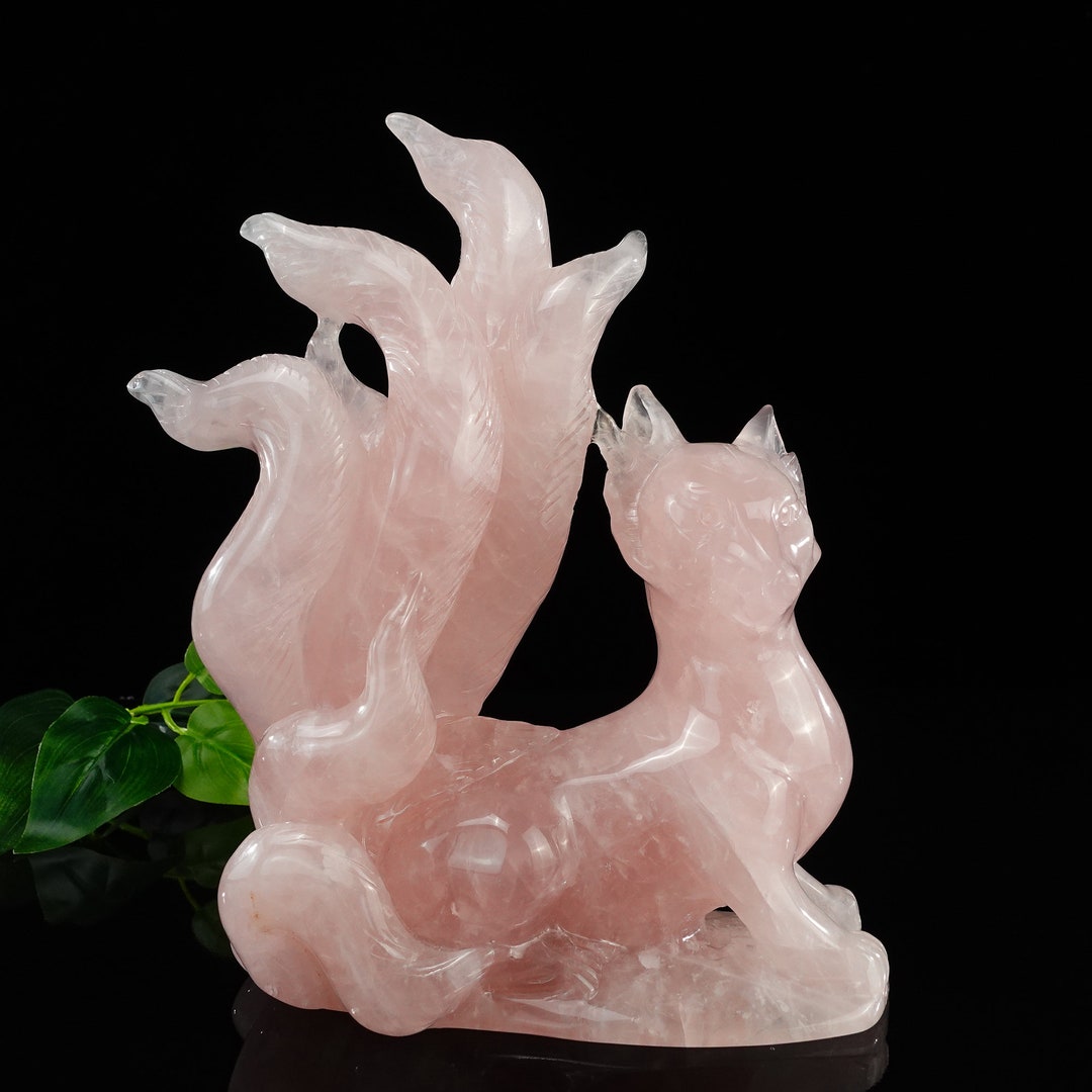 8.3 Nine Tailed Fox Statue Rose Quartz Stone, Hand Carved Chakra Statue ...