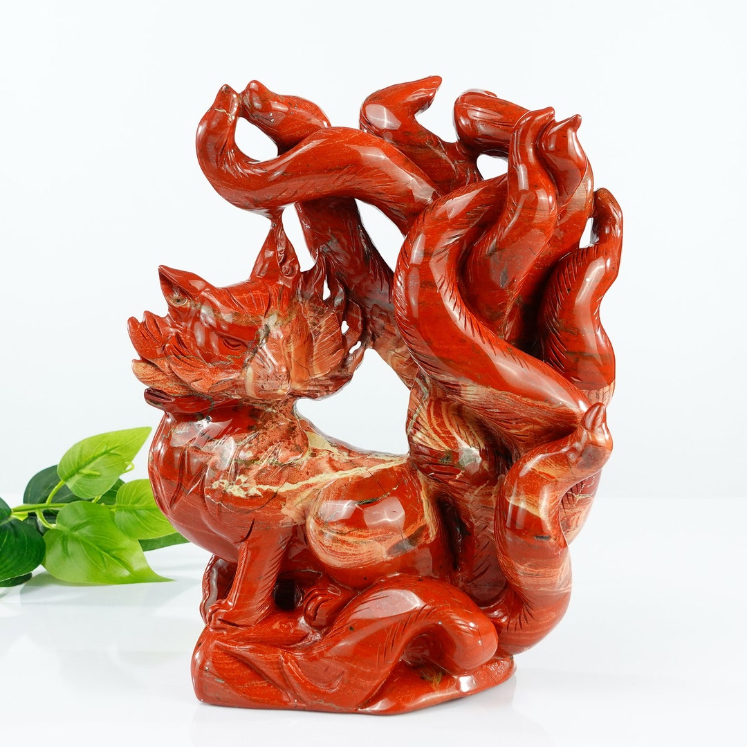 8.1 Nine Tailed Fox Statue Red Jasper Stone, Hand Carved Chakra Statue ...