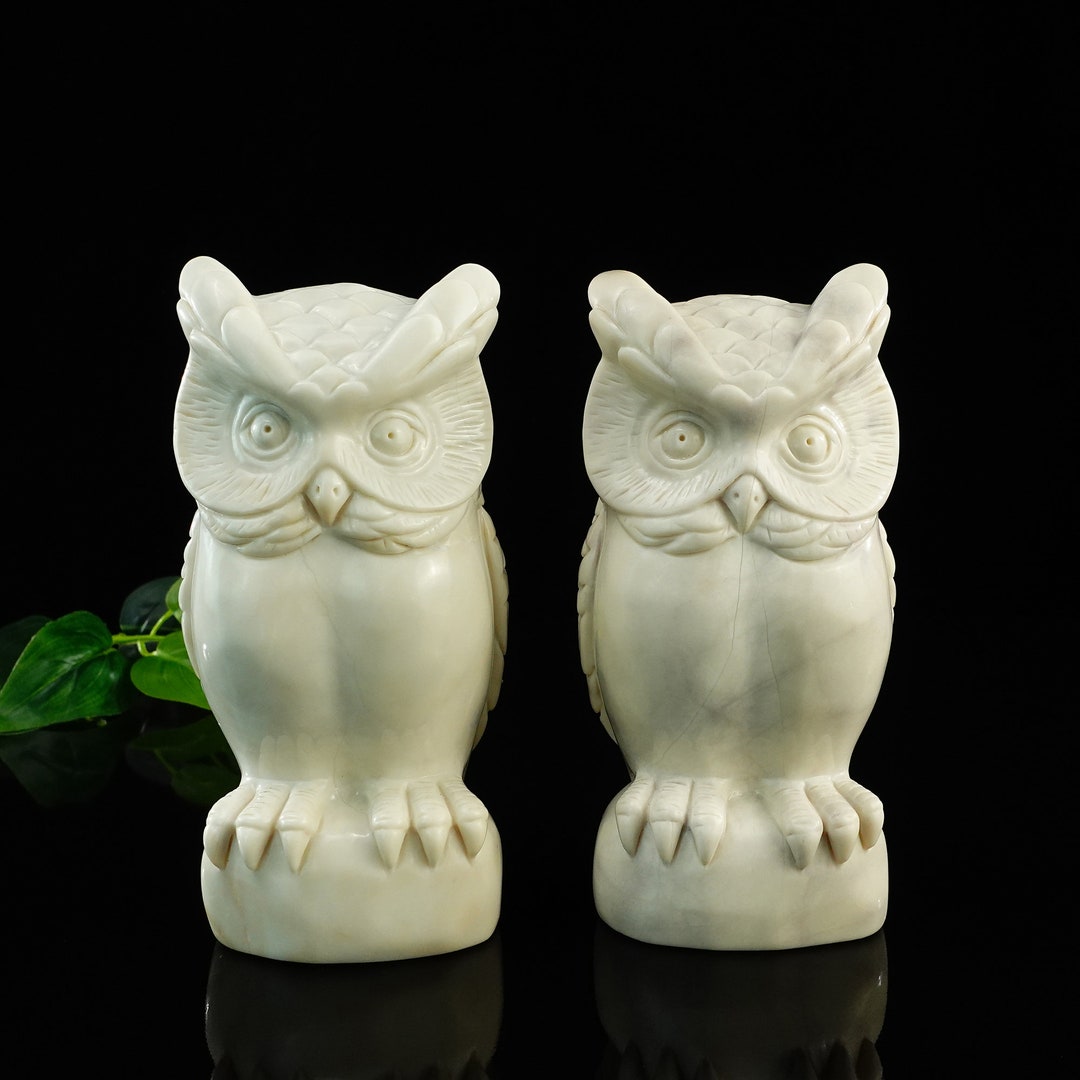 6 Large Owl Statue Ivory Jade Stone, Hand Carvings Statue, Natural ...