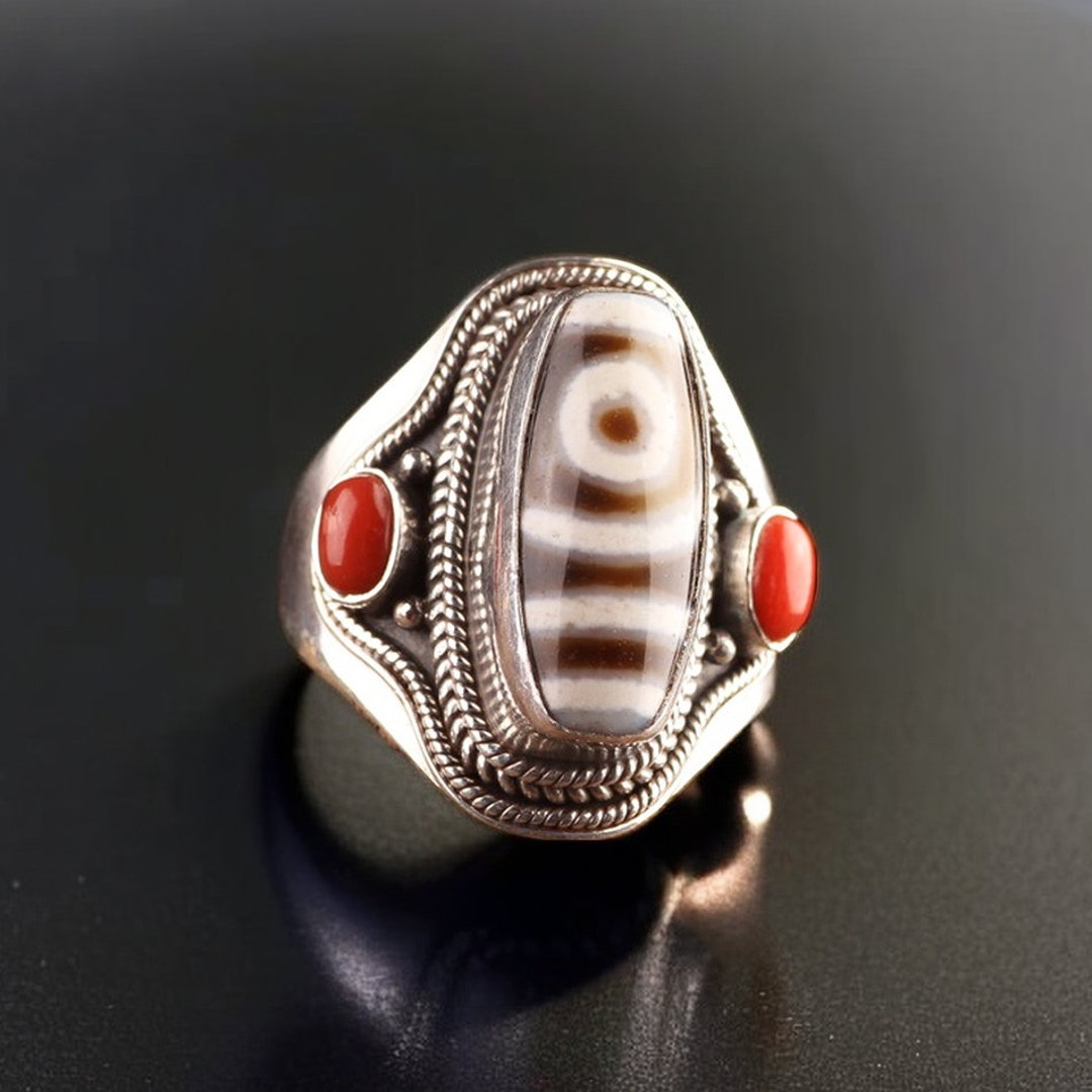 Tibetan Chong Dzi Bead Ring, Rare Ethnic Tibetan Dzi Bead Ring, Open ...