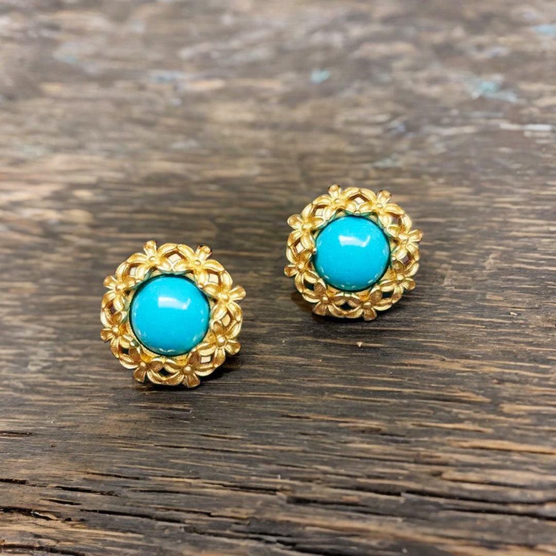 Vintage Turquoise Stud Earrings Turquoise Earrings Gold Filigree Flower ...