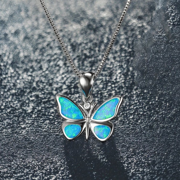 Sterling Silver Butterfly Necklace Opal - Etsy