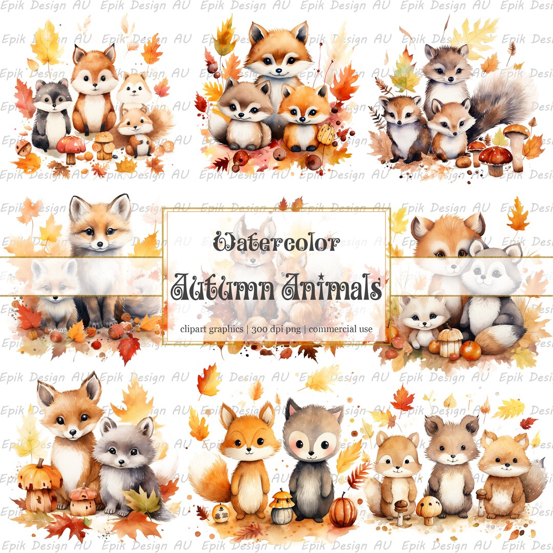 34 Autumn Animals Watercolor Clipart Bundle PNG Cute Fall - Etsy