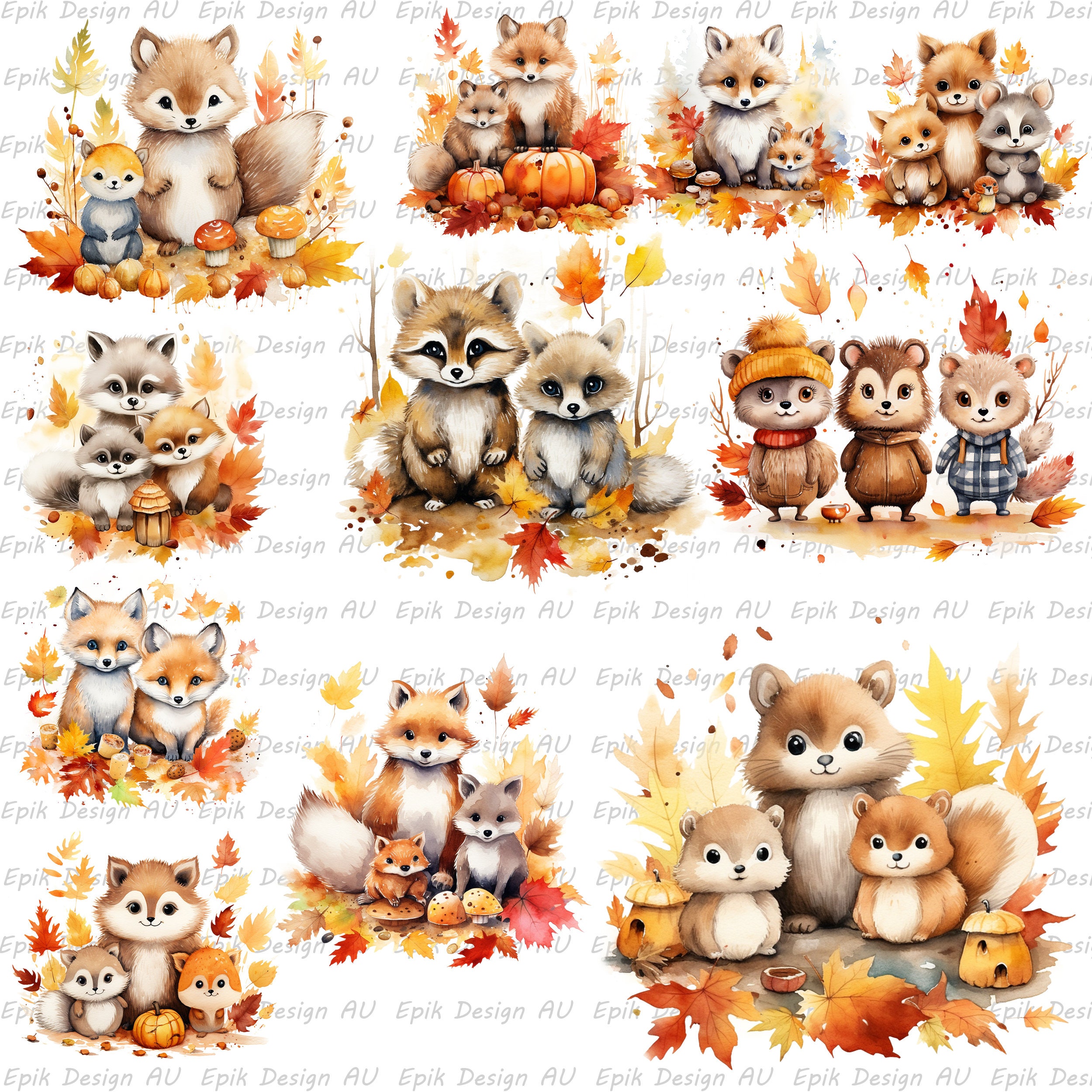 Autumn Animals PNG Watercolor Clipart Bundle PNG Cute Fall - Etsy