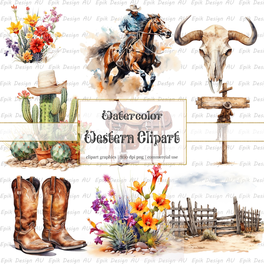 Over 50 Watercolor Western Clipart PNG Texas Cowboy Ranch - Etsy