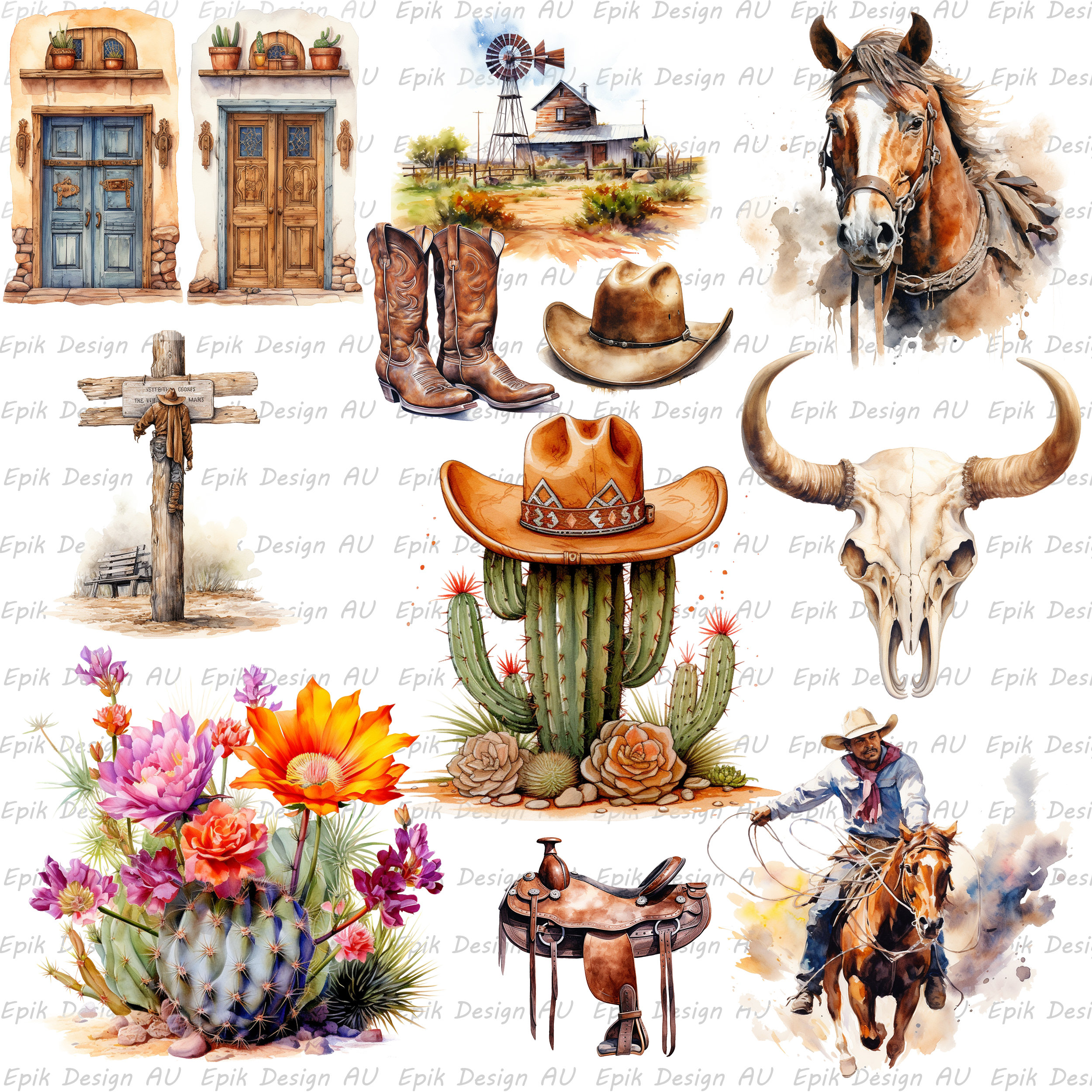 Over 50 Watercolor Western Clipart PNG Texas Cowboy Ranch - Etsy