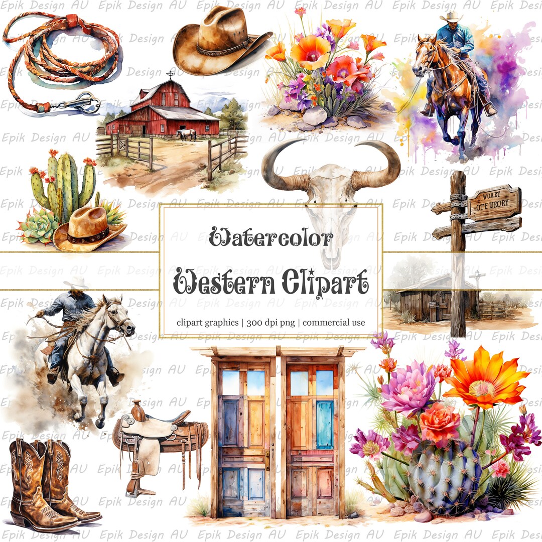 Watercolor Western Clipart Texas Cowboy Ranch PNG Format - Etsy