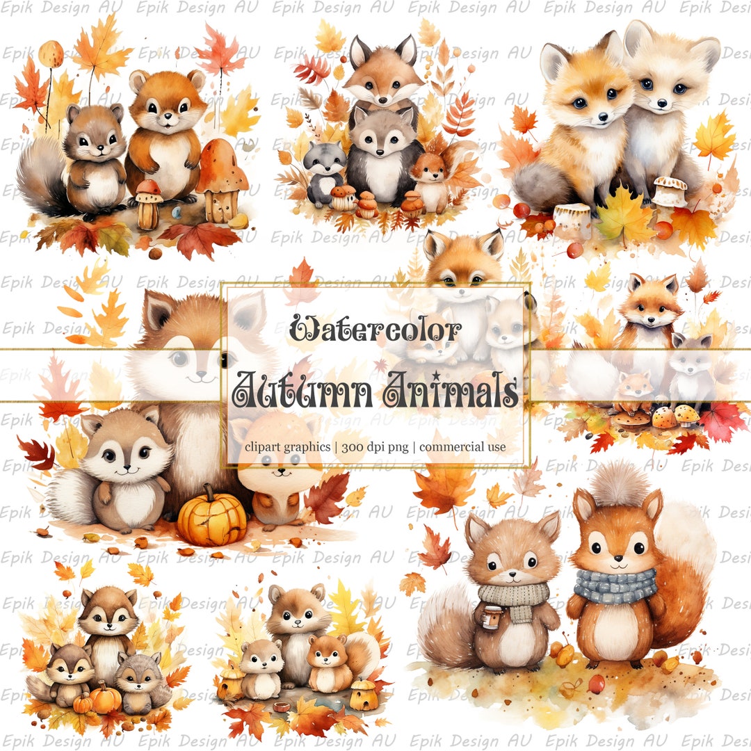 Autumn Animals PNG Watercolor Clipart Bundle PNG Cute Fall - Etsy