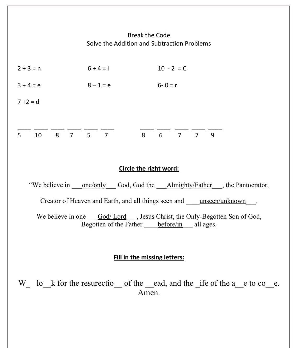 Nicene Creed Activity Pack - Etsy