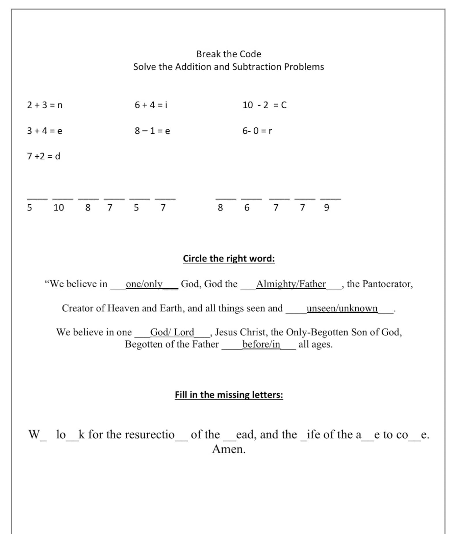 Nicene Creed Activity Pack - Etsy