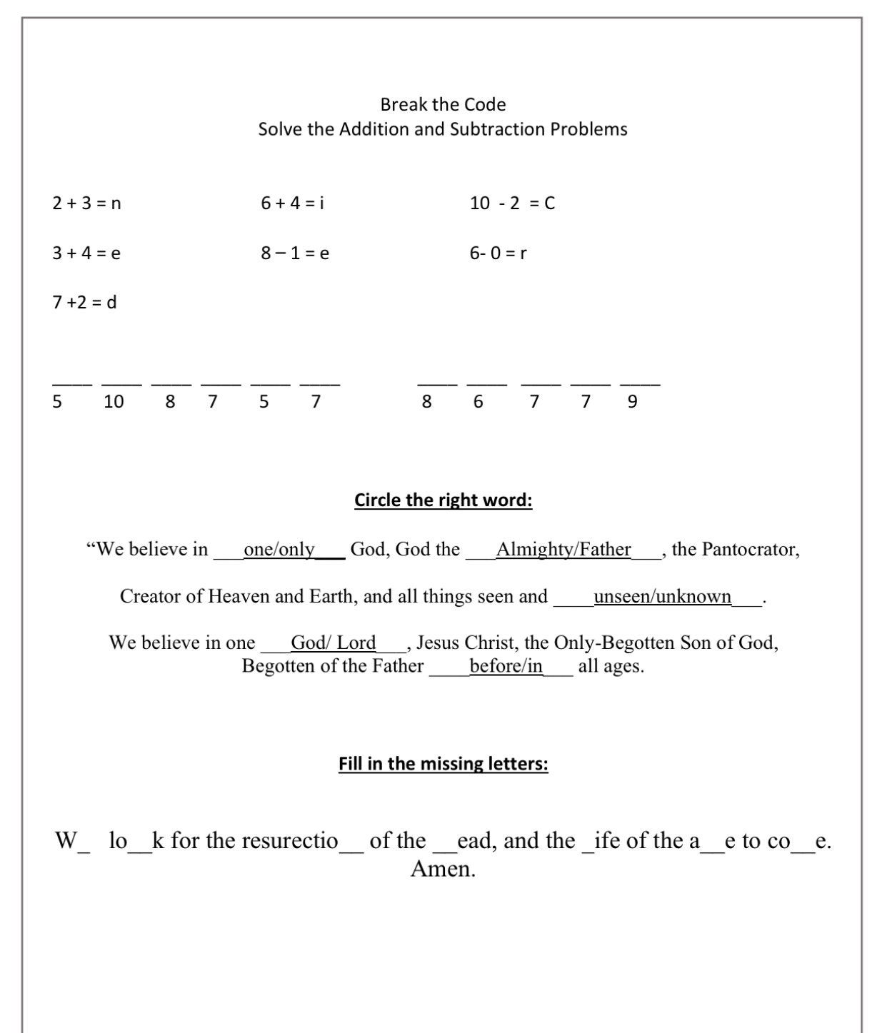 Nicene Creed Activity Pack - Etsy