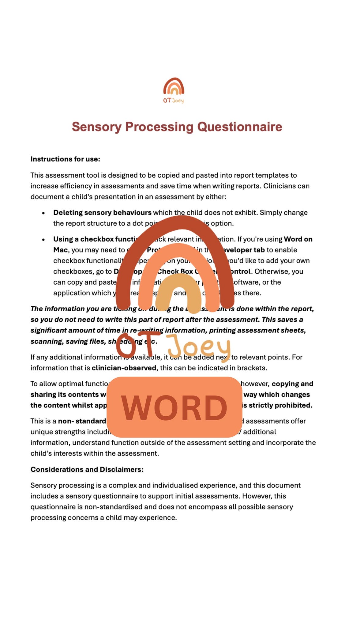 Sensory Questionnaire (WORD)- Assessment AND Report Structure - Etsy