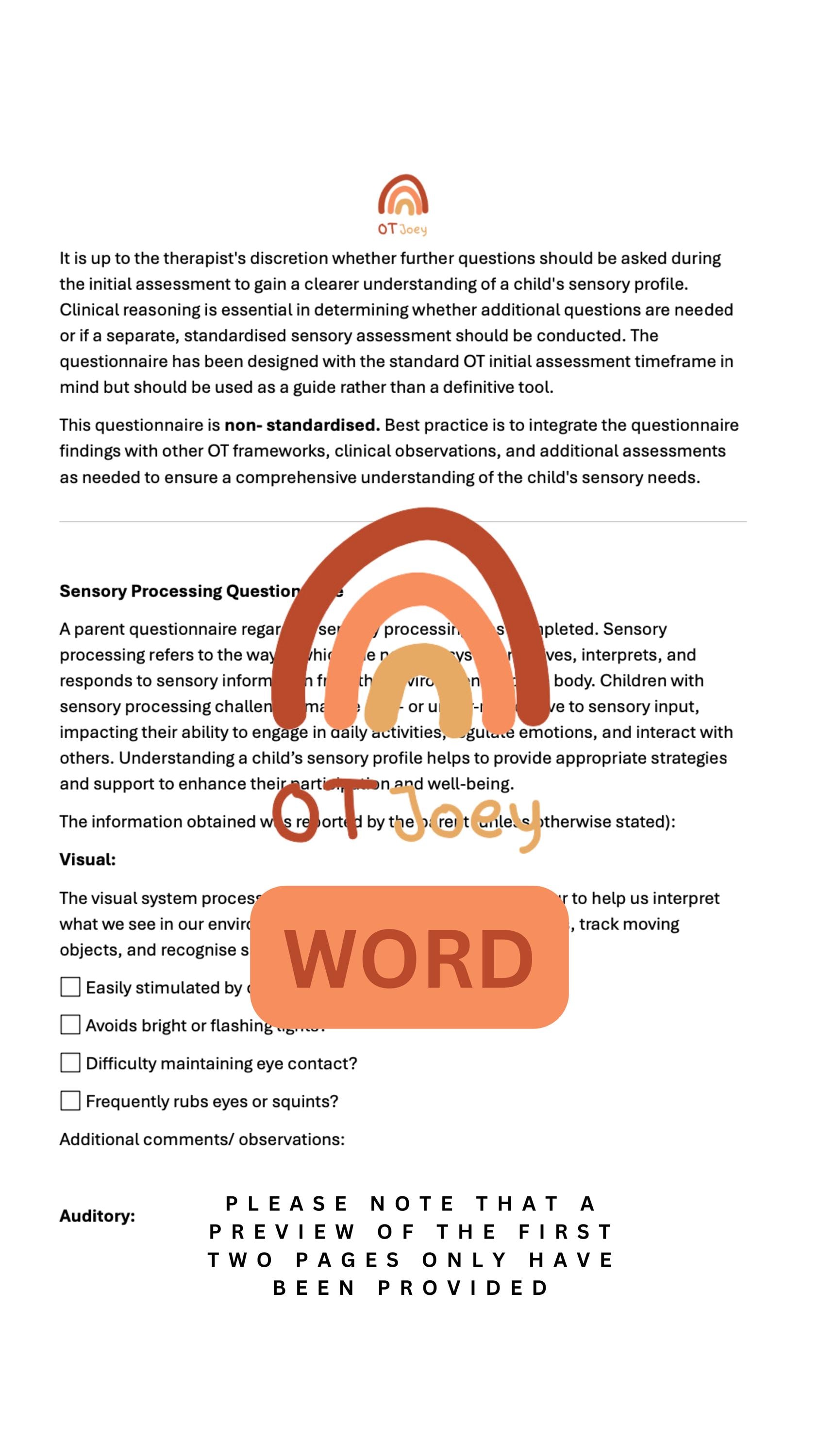 Sensory Questionnaire (WORD)- Assessment AND Report Structure - Etsy