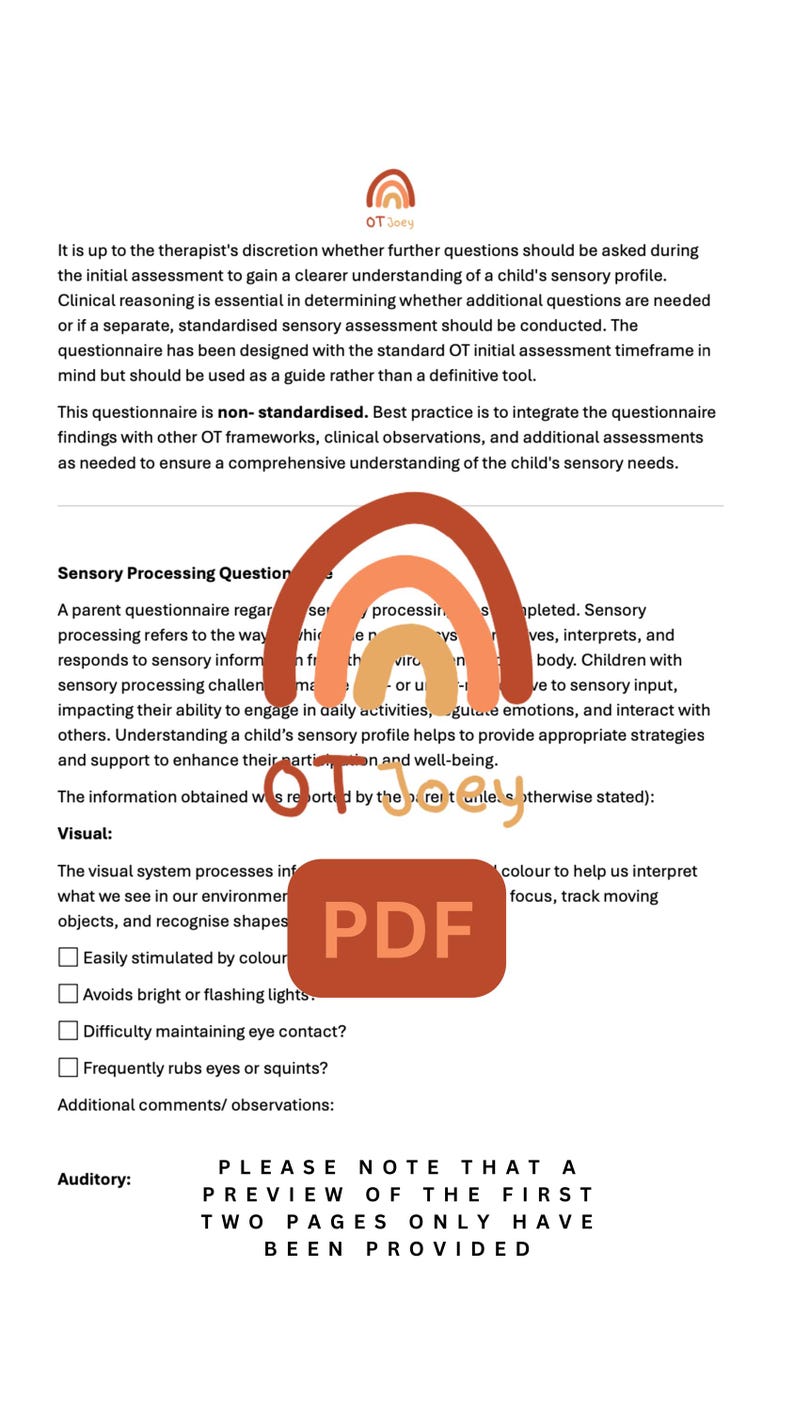 Sensory Questionnaire (PDF)- Assessment AND Report Structure - Etsy