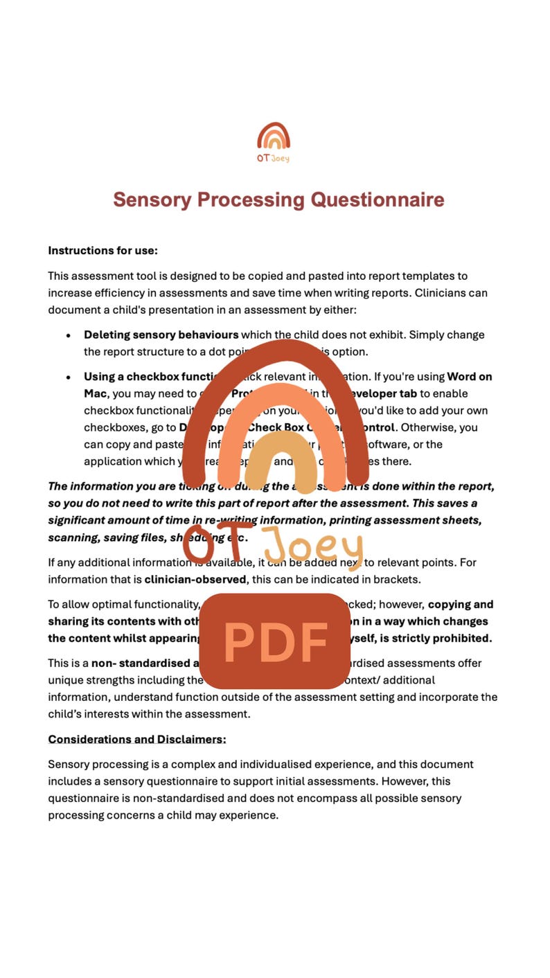 Sensory Questionnaire (PDF)- Assessment AND Report Structure - Etsy