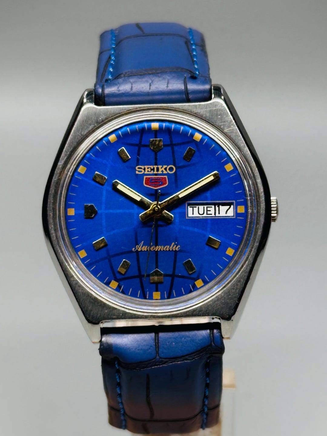 Rare Vintage Seiko 5 Automatic Blue Dial Silver Case Day/date Caliber ...