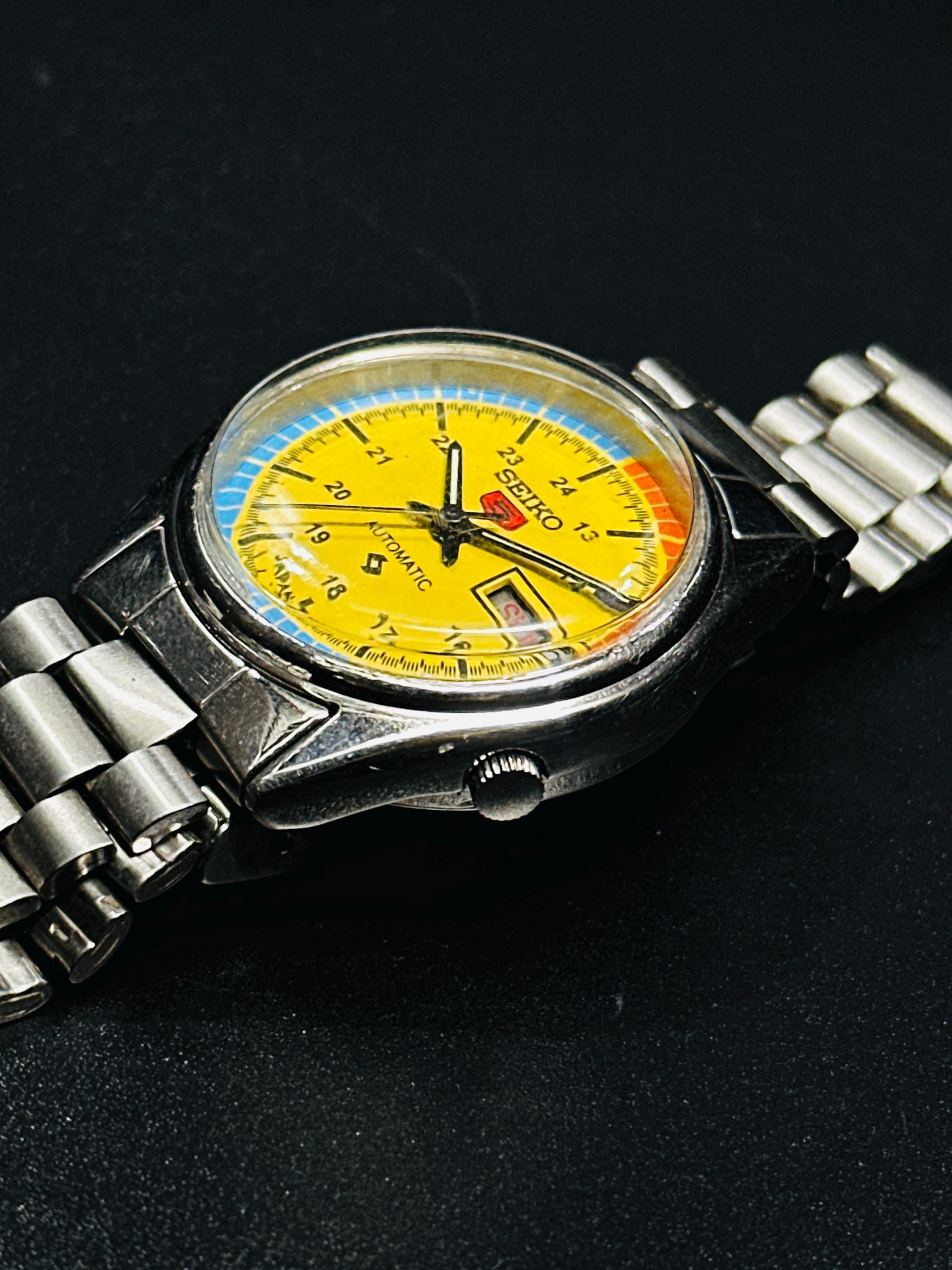 Rare Vintage Seiko 5 Automatic, Yellow Dial ,silver Case Day/date Caliber No.7009a Men's Wrist ...