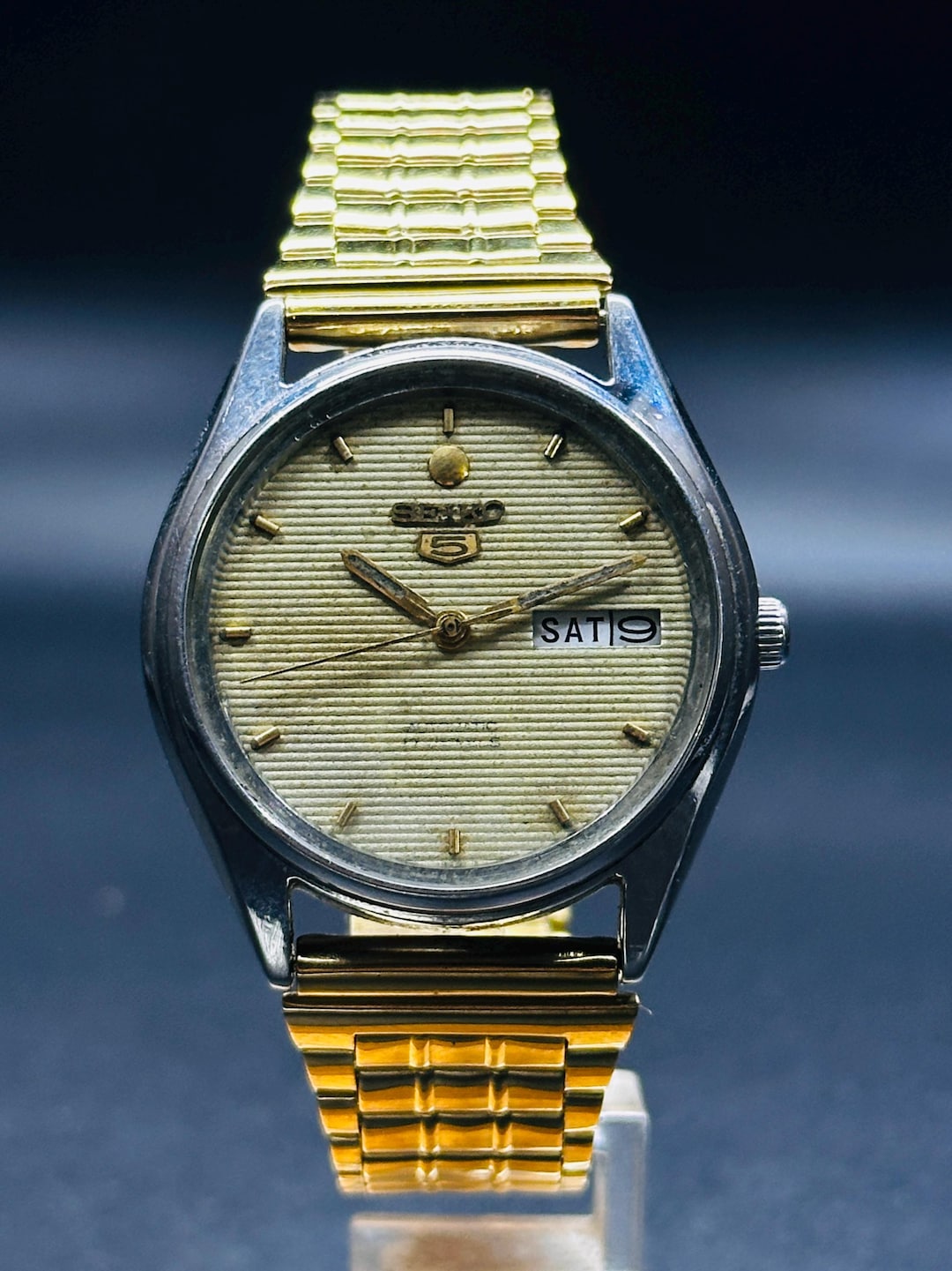 Vintage Seiko 5 Automatic Gold Dial Silver Case Day/date Caliber No.6309a Men's Wrist Watch ...