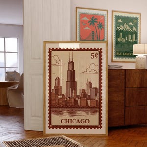 Chicago Skyline Stamp Print: Vintage Travel Poster Art (digital ...