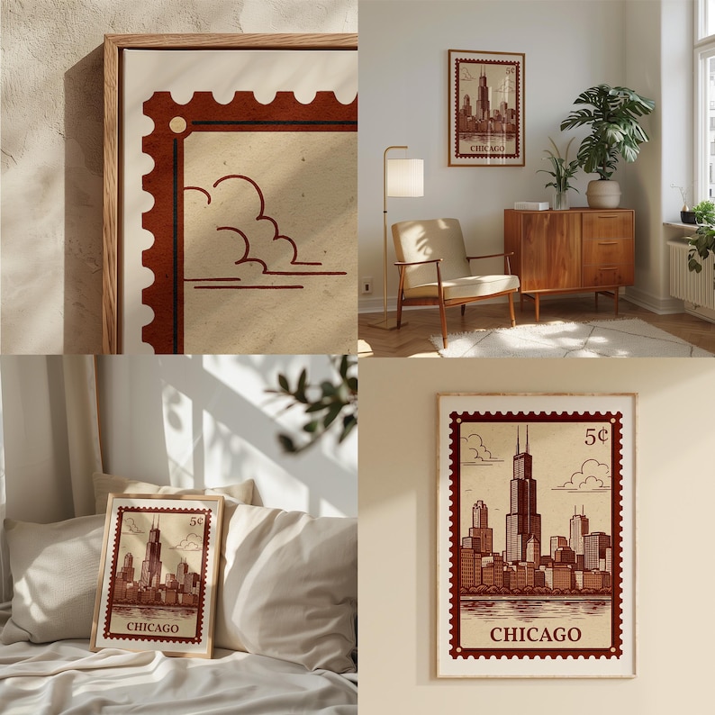 Chicago Skyline Stamp Print: Vintage Travel Poster Art (digital ...