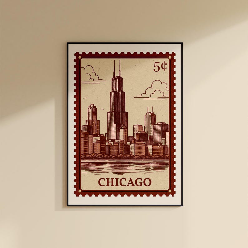 Chicago Skyline Stamp Print: Vintage Travel Poster Art (digital ...