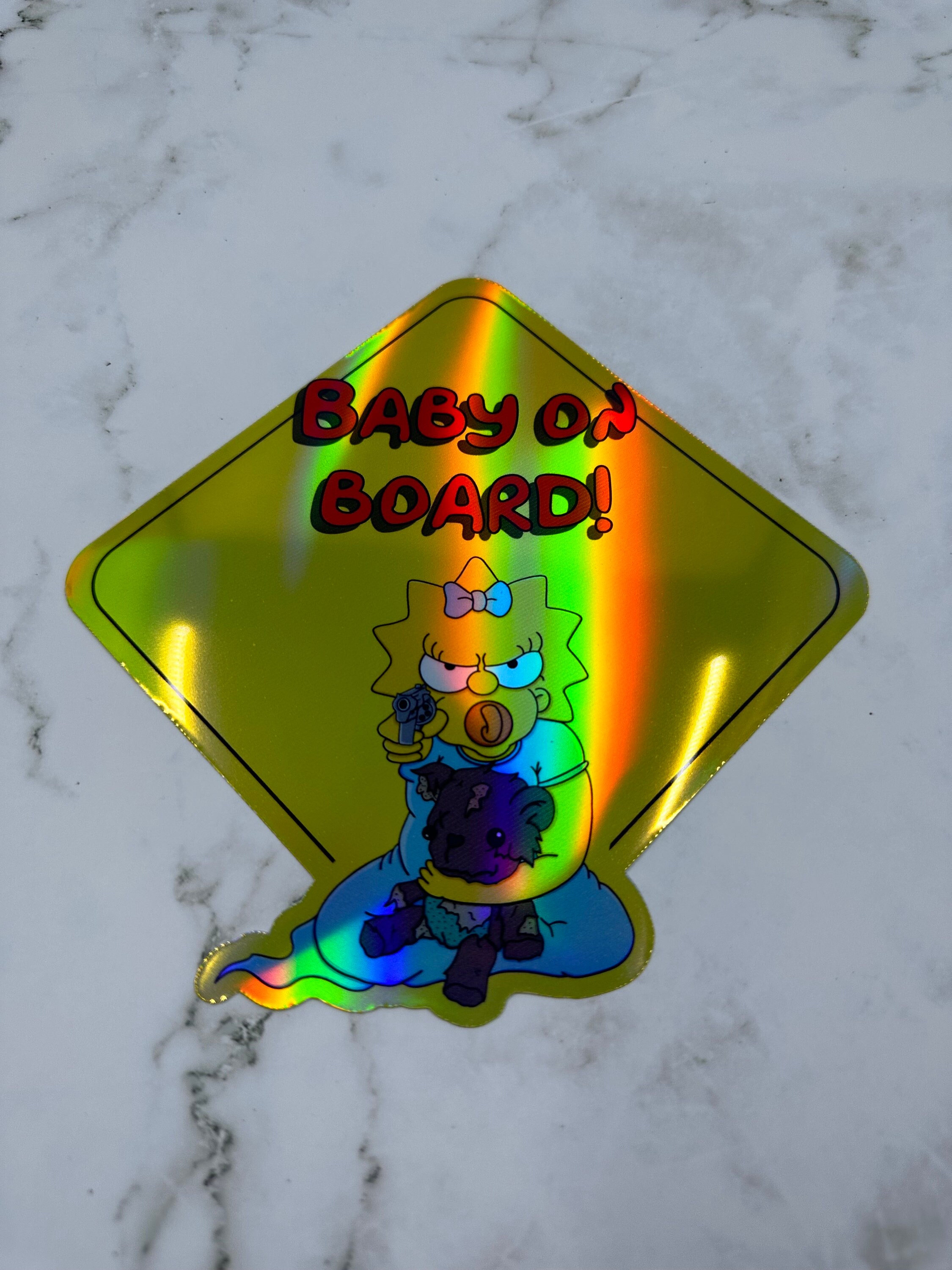 Baby-on-board-sticker-yellow-background-maggie Simpson-car-sticker ...