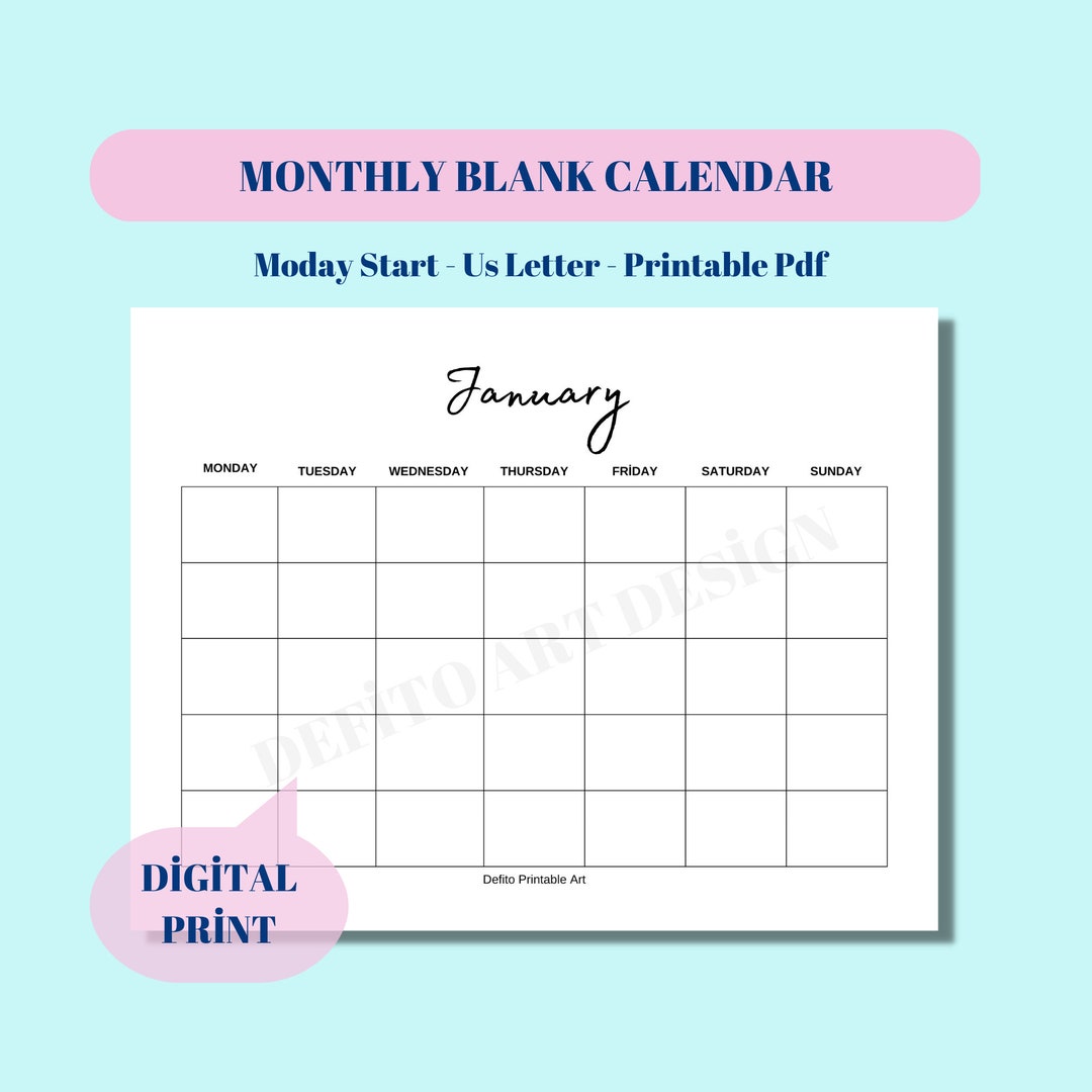 Monthly Blank Calendar - Monday Start - Simple Calendar - 2024 Calendar ...