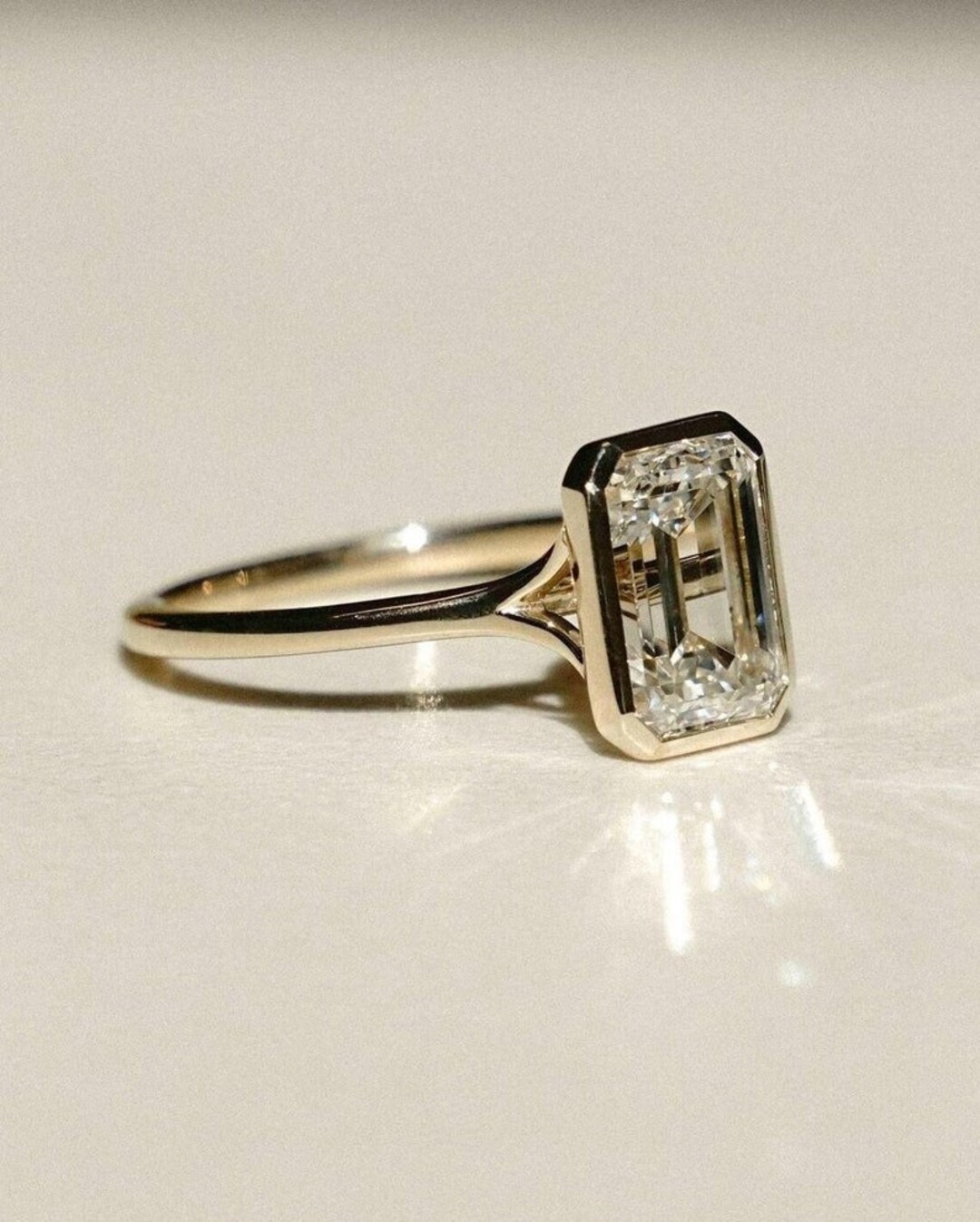 Emerald Cut Moissanite Bezel Set Solitaire Ring, Emerald Cut Solitaire ...