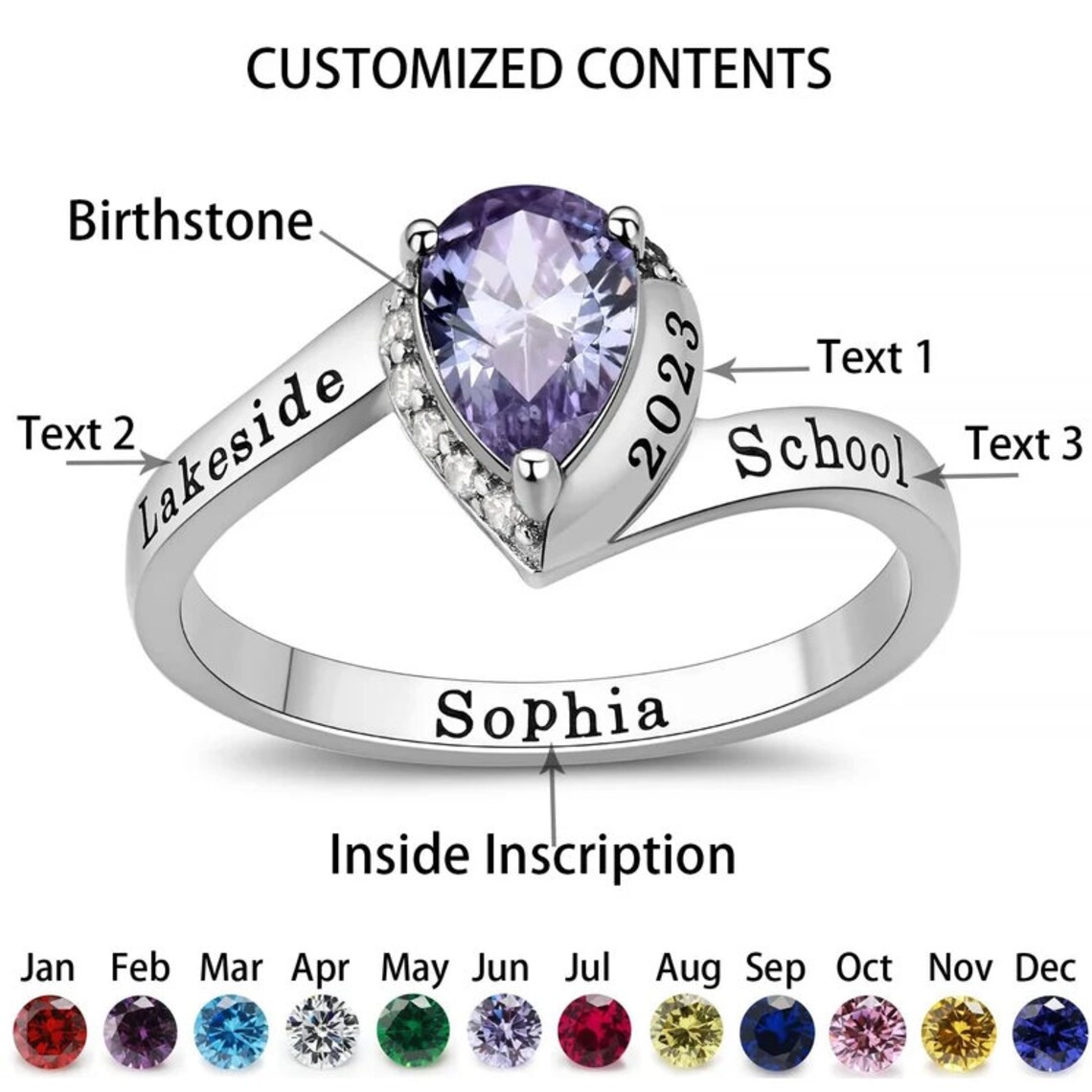 Pear Cut Simulated 925 Sterling Silver High School Class Ring ...