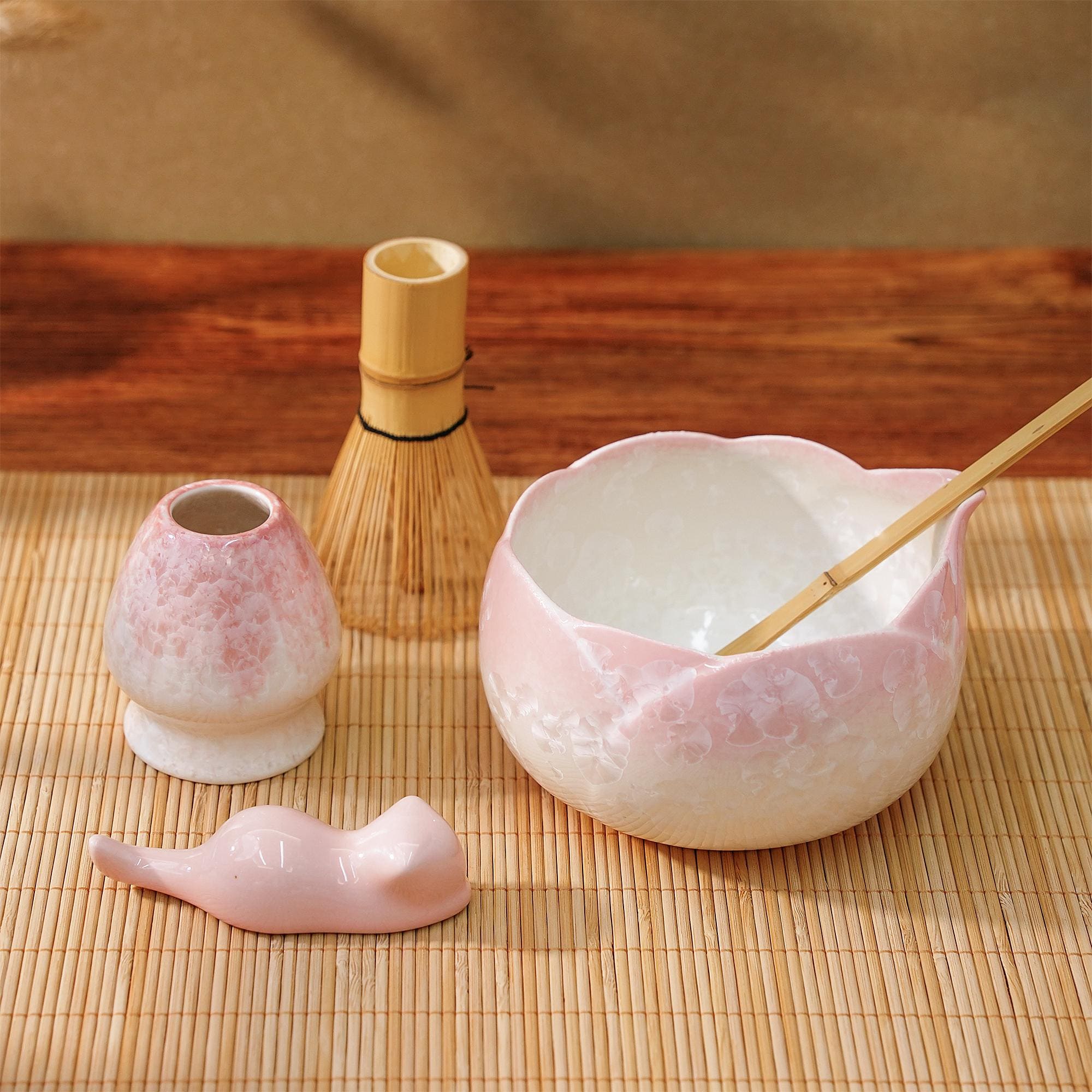 Pink Sakura Crystal Glaze Matcha Bowl Set, Handmade Tea Ceremony Kit ...