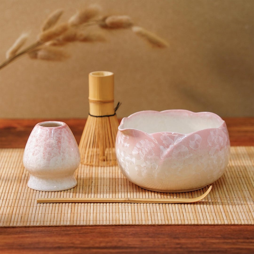 Pink Sakura Crystal Glaze Matcha Bowl Set, Handmade Tea Ceremony Kit ...