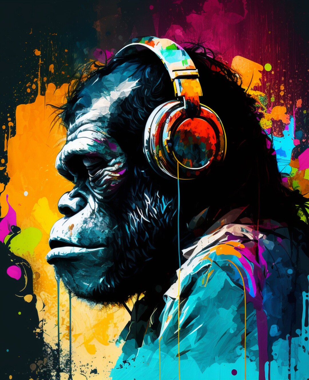 Artistic and Unique Cool Ape Wearing Headphones as a Splashed Paint ...