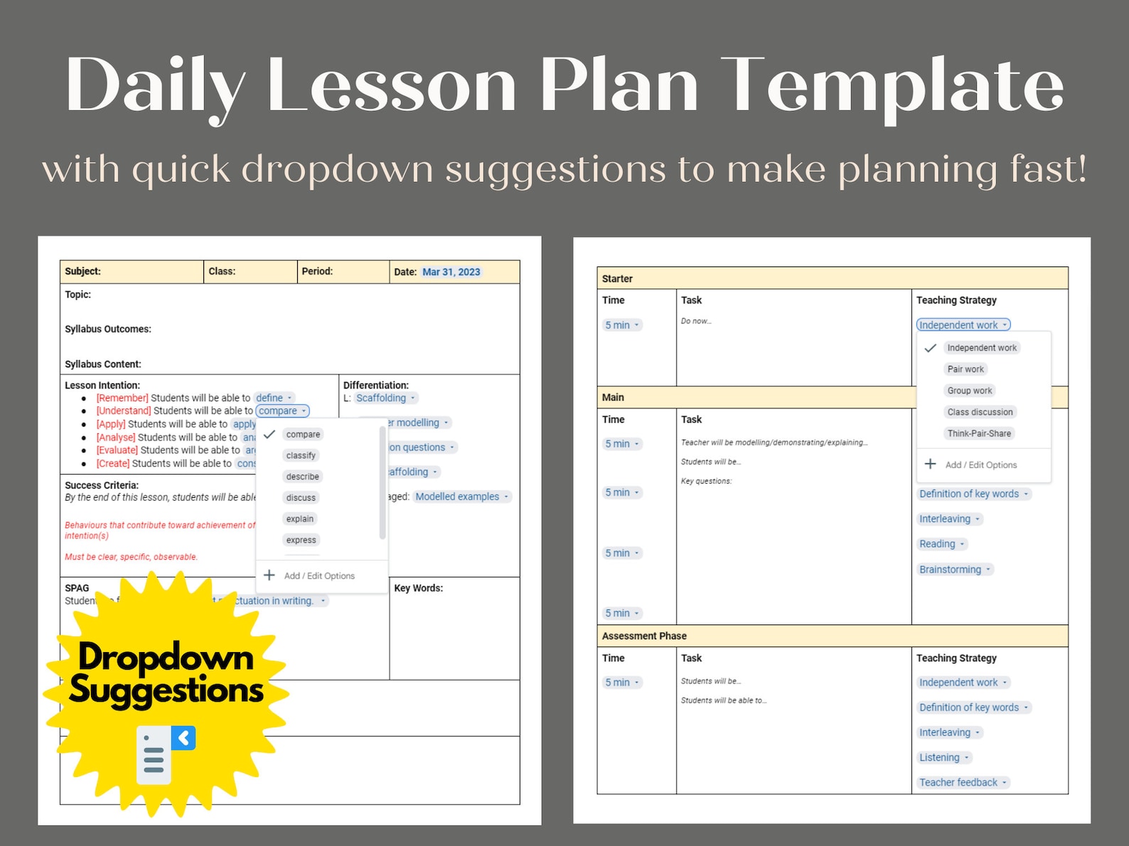 Editable Daily Lesson Plan Template | Dropdown Suggestions for Quick ...