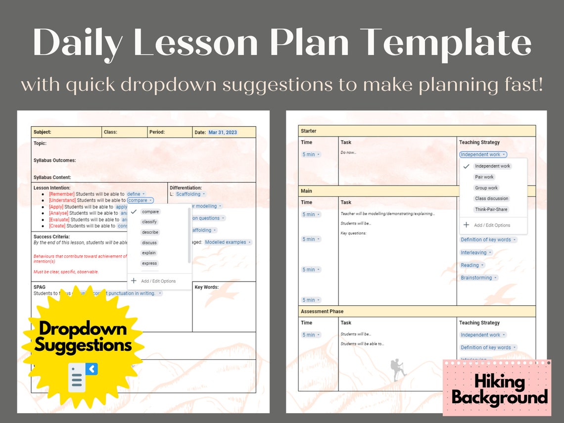 Editable Daily Lesson Plan Template With Dropdown Suggestions for Quick ...