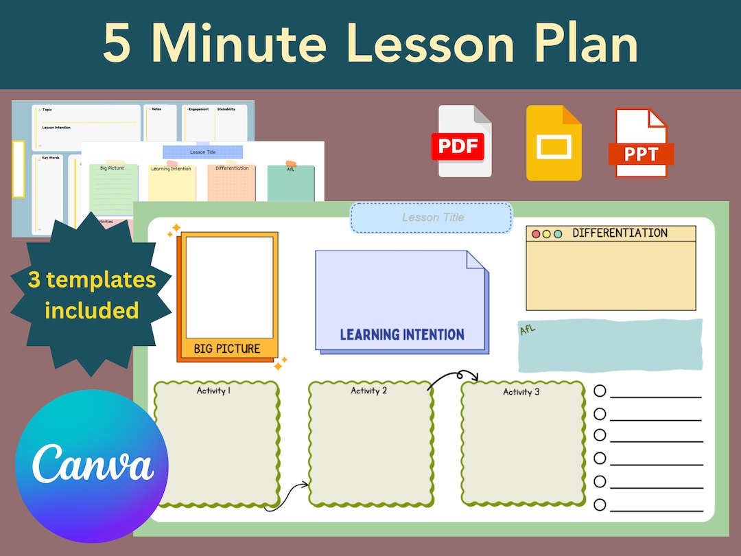 5 Minute Lesson Plan Bundle | Daily Teacher Planner | Edit in Canva ...