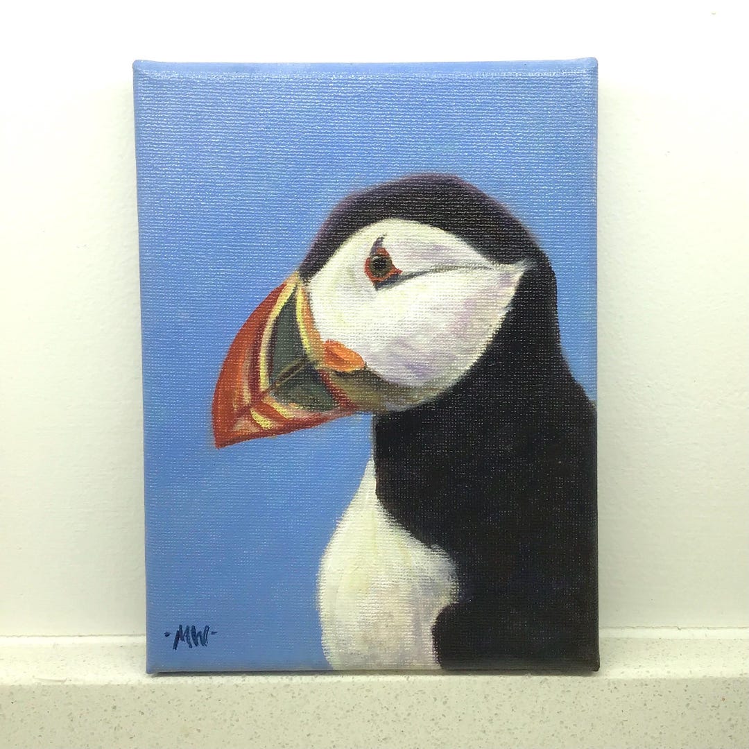 Puffin Original Oil Painting on Stretched Canvas, 12x16cm, Gift for ...