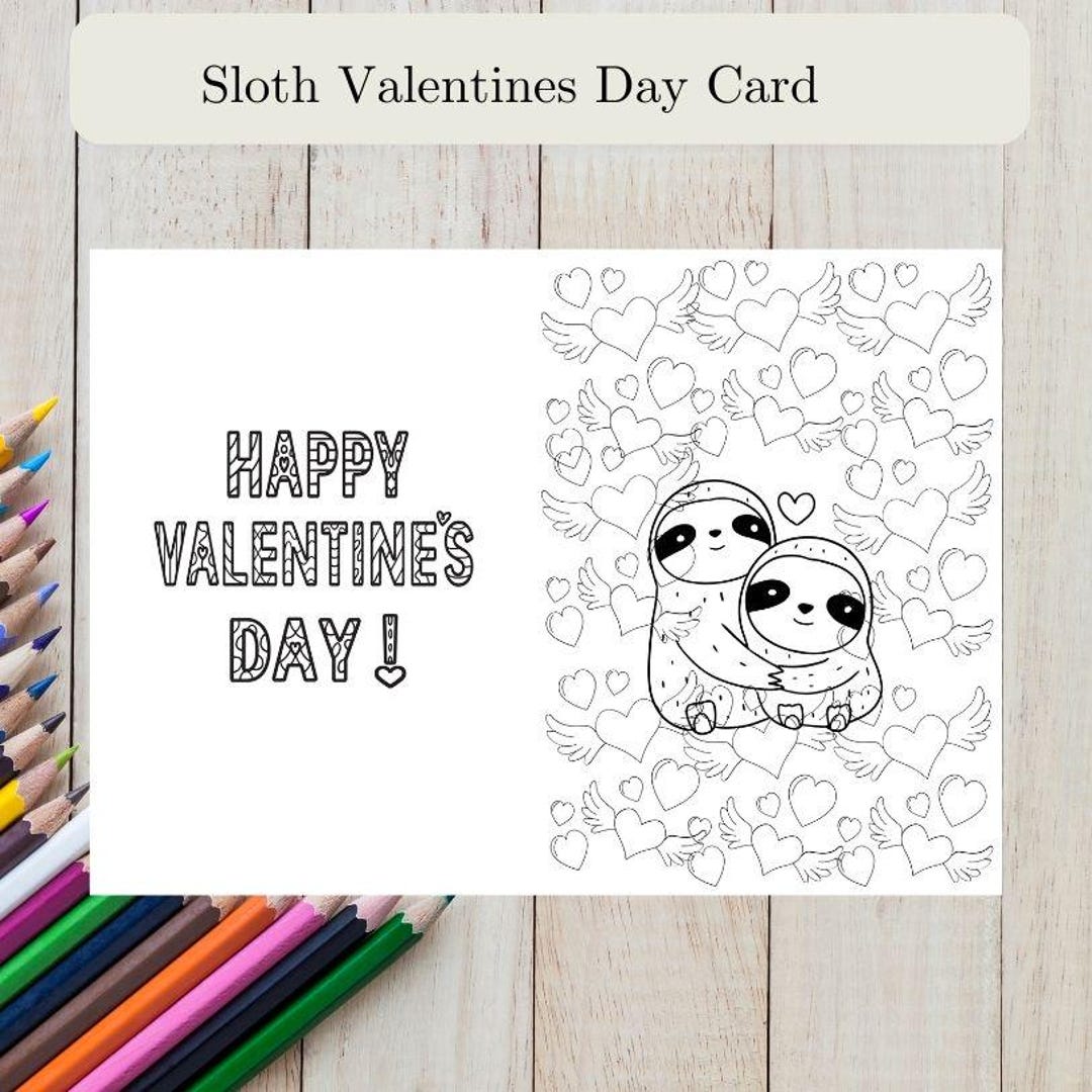 Printable Sloth Valentine's Day Card: DIY Colouring Card for Kids (A4 ...
